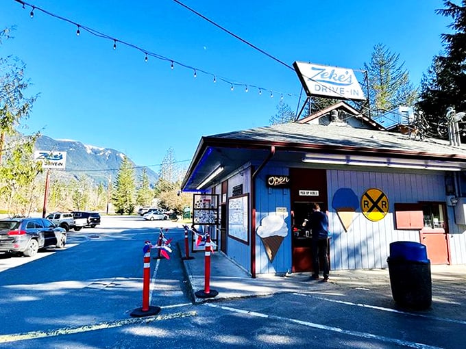 Simplicity at its finest: The iconic blue and white Zeke's sign beckons hungry travelers like a lighthouse for those navigating the sea of Highway 2 hunger pangs.