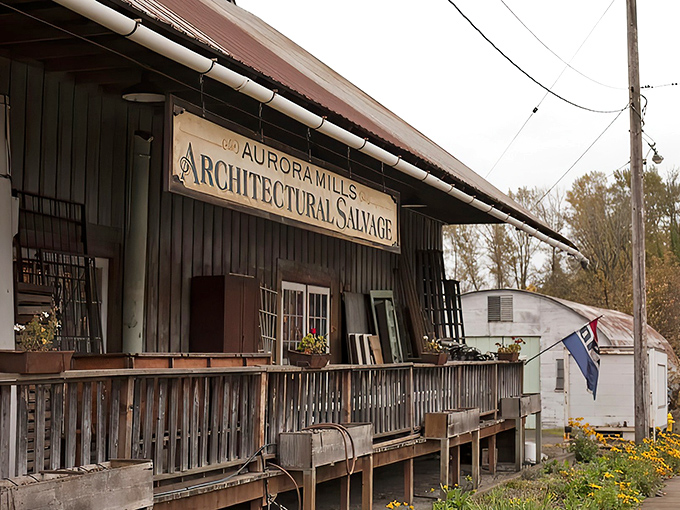 The rustic barn exterior of Aurora Mills beckons like a siren song to vintage lovers. Halloween cobwebs add seasonal charm to this already magical treasure trove.