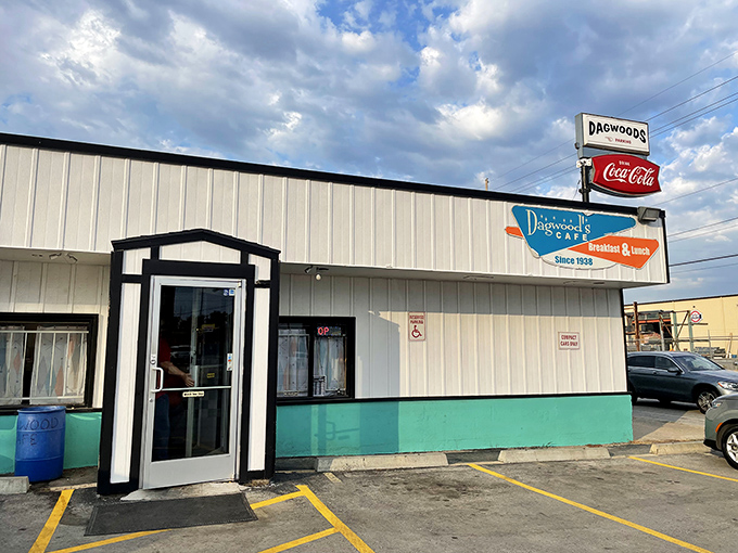 The unassuming exterior of Dagwood's Cafe stands as a beacon for breakfast lovers, its vintage Coca-Cola sign promising honest food without pretension.