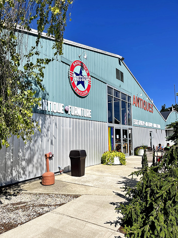 The mint-green exterior of Saugatuck Antique Pavilion stands like a beacon for treasure hunters, promising vintage delights within its unassuming warehouse walls.