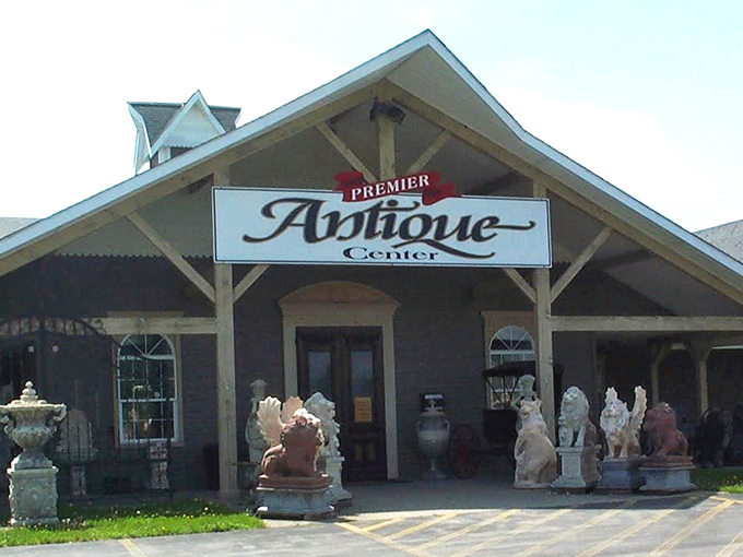The Premier Antique Center welcomes visitors with classical statuary and a touch of elegance, like a museum where everything's actually for sale. 