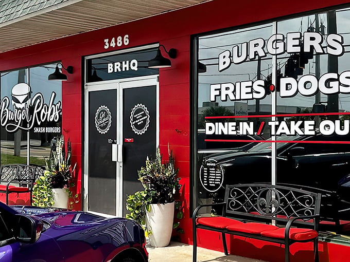 The unassuming storefront of BurgerRobs in Titusville beckons with its red signage and outdoor seating&mdash;a burger sanctuary hiding in plain sight.
