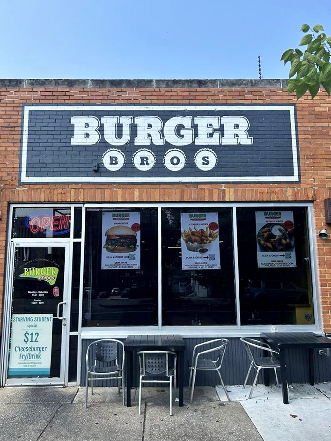 The Burger Bros sign against brick is like a beacon for burger pilgrims&mdash;promising salvation in sandwich form for the hungry and hopeful.