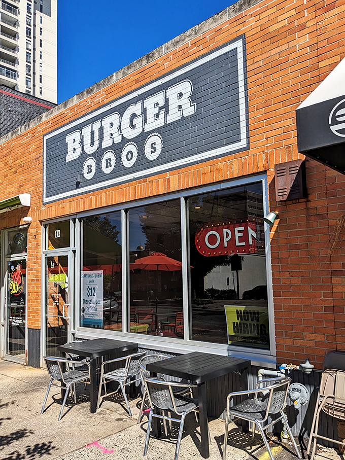The Burger Bros sign against brick is like a beacon for burger pilgrims&mdash;promising salvation in sandwich form for the hungry and hopeful.
