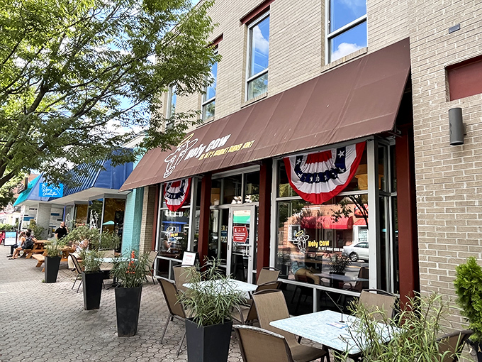 The unassuming storefront of Holy Cow beckons with patriotic bunting and the promise of burger nirvana. Del Ray's worst-kept delicious secret.
