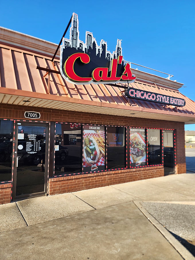 The bright red "Cal's" sign beckons like a lighthouse for the hungry, promising Chicago flavors in the heart of Oklahoma City. 