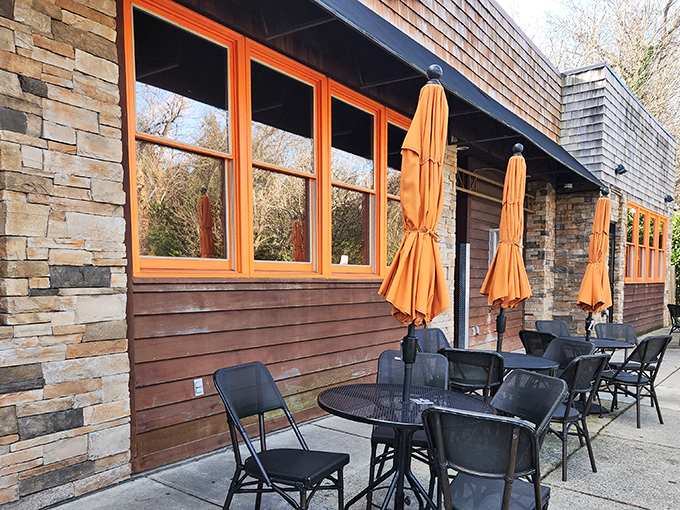 The iconic Miss Shirley's sign welcomes hungry pilgrims to breakfast paradise. Stone and wood exterior with signature orange lettering promises Southern comfort with Maryland flair.