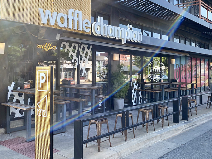 The blue waffle grid beckons like a geometric lighthouse, guiding hungry souls to breakfast nirvana in Oklahoma City.