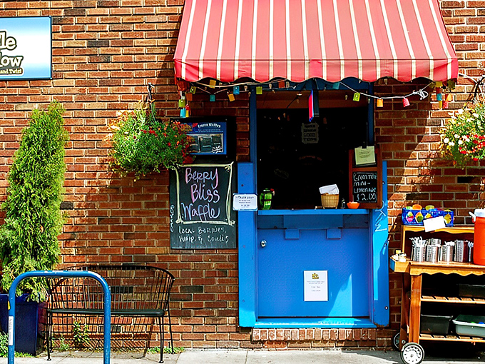 The iconic red awning and bright blue window frame announce Portland's waffle wonderland like a beacon for the breakfast-obsessed.