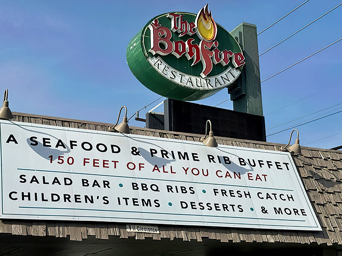 The iconic green Bonfire sign beckons hungry travelers like a lighthouse for seafood lovers on Ocean City's Coastal Highway.