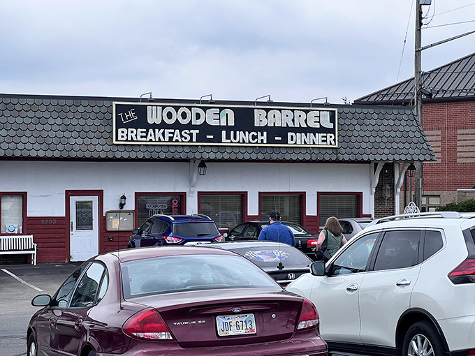 The unassuming exterior of The Wooden Barrel stands like a culinary lighthouse in West Chester Township, beckoning hungry travelers with its straightforward promise of "BREAKFAST - LUNCH - DINNER."