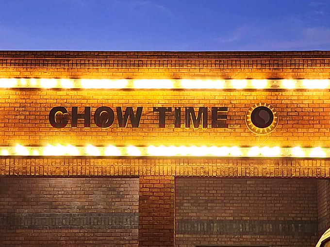The brick facade of Chow Time beckons like a siren song to hungry travelers. No fancy frills needed when what's inside matters most.