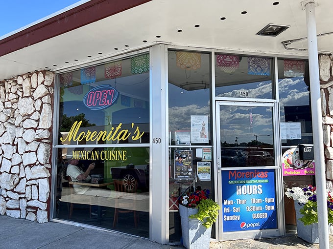 The unassuming stone facade of Morenita's might not scream "food paradise," but those colorful lights are sending delicious Morse code to your stomach.