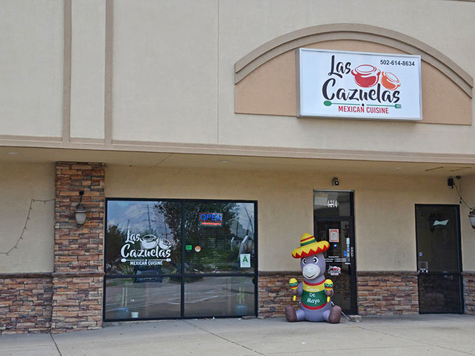 Las Cazuelas welcomes hungry travelers with its unassuming exterior and cheerful mascot. Sometimes the best culinary treasures hide in plain sight.