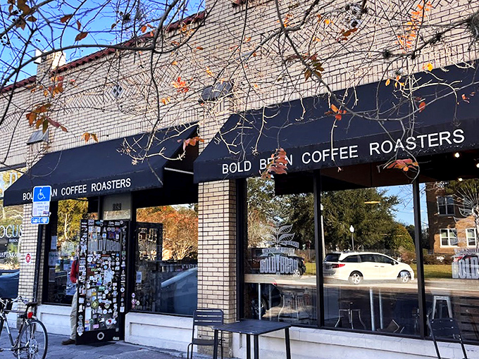 Bold Bean's unassuming brick exterior with navy awnings is like that friend who dresses simply but always has the most interesting stories to tell.