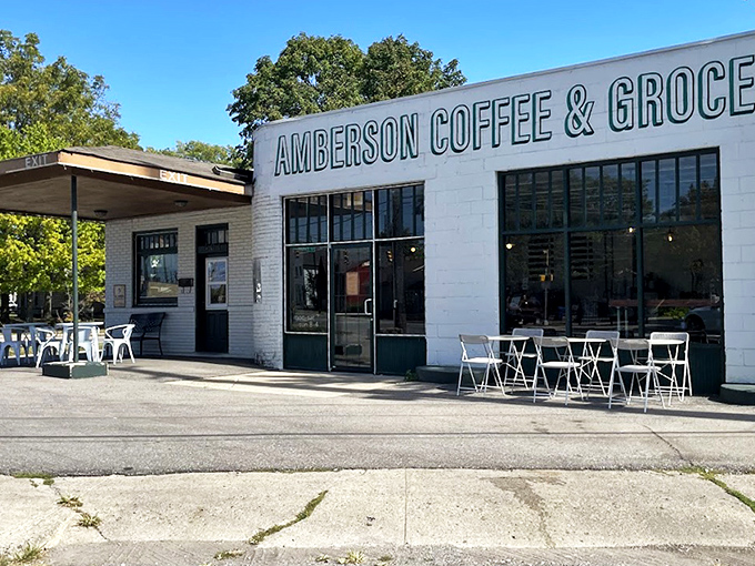 The white brick facade of Amberson Coffee & Grocer stands like a caffeinated beacon of hope in Indianapolis, promising liquid salvation to weary souls.
