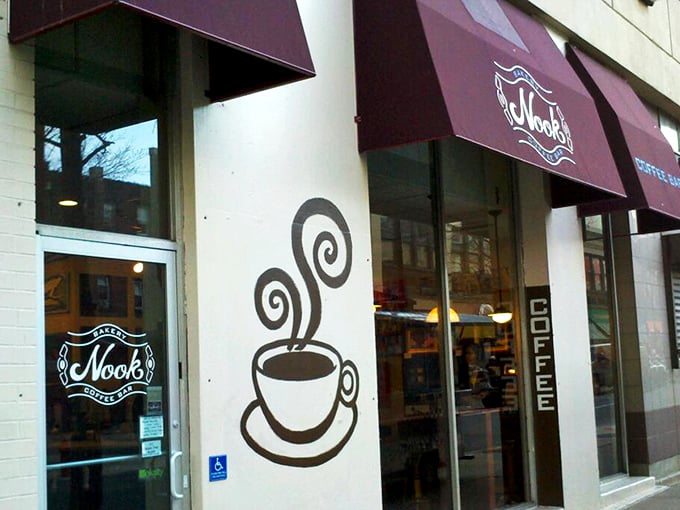 The iconic burgundy awnings and whimsical steaming coffee cup mural welcome you to this Philadelphia treasure &ndash; like a caffeinated beacon for the weary traveler.