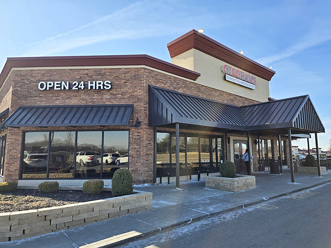 The brick exterior of Gingham's proudly announces "OPEN 24 HRS" &ndash; a beacon of hope for hungry night owls and early birds alike.
