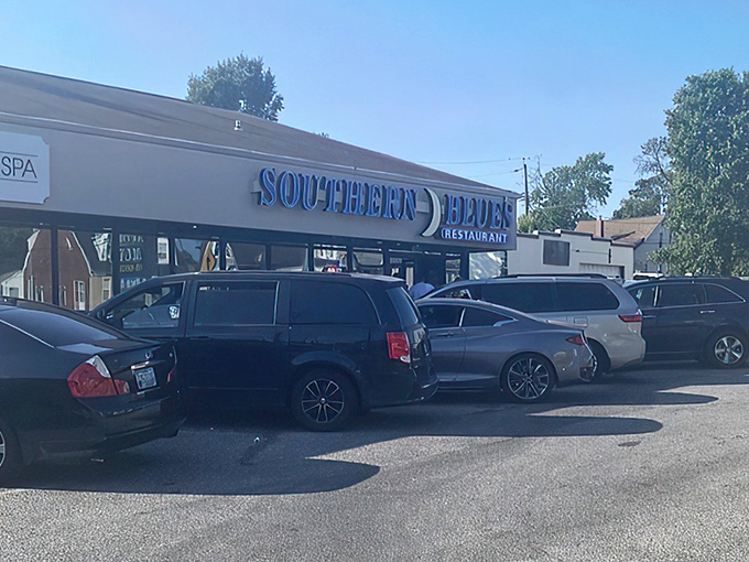 The unassuming storefront of Southern Blues beckons hungry travelers with its bright blue sign – proof that culinary treasures often hide in plain sight.