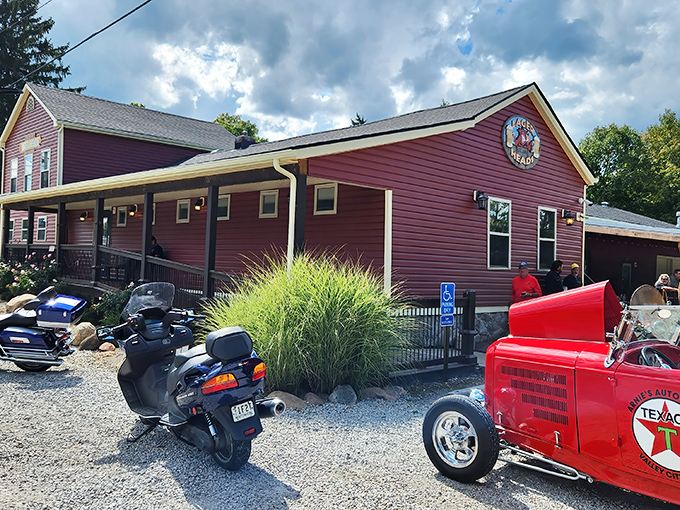 The iconic red exterior of Lager Heads stands like a beacon for BBQ pilgrims, promising smoky delights within those wooden walls.