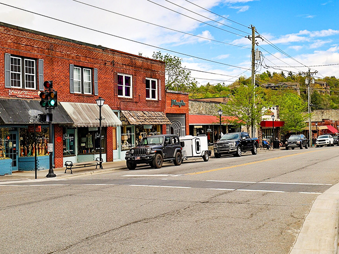 Main Street magic in full swing. Blowing Rock's historic storefronts invite you to park the car, stretch your legs, and remember what shopping was like before Amazon conquered our credit cards.