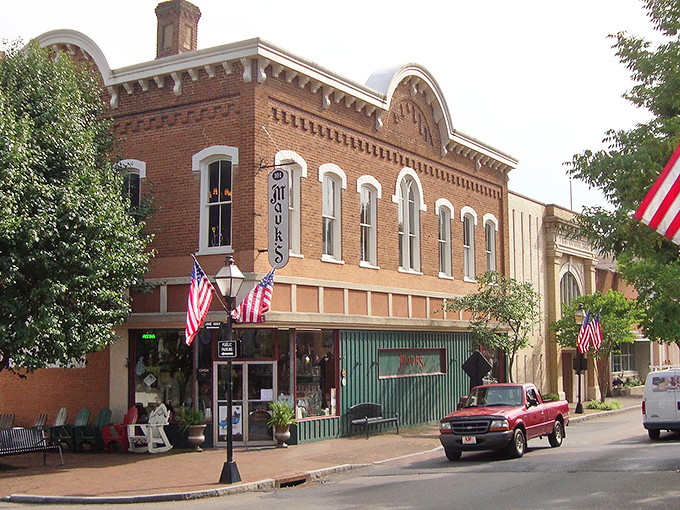 Historic brick buildings line Jonesborough's Main Street, where American flags flutter in the breeze and time seems to slow down by at least a century.