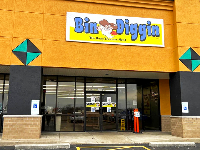 The bright yellow facade of Bin Diggin' promises treasure hunting adventures within. Like a retail Wonka factory, but the golden tickets are bargain prices.