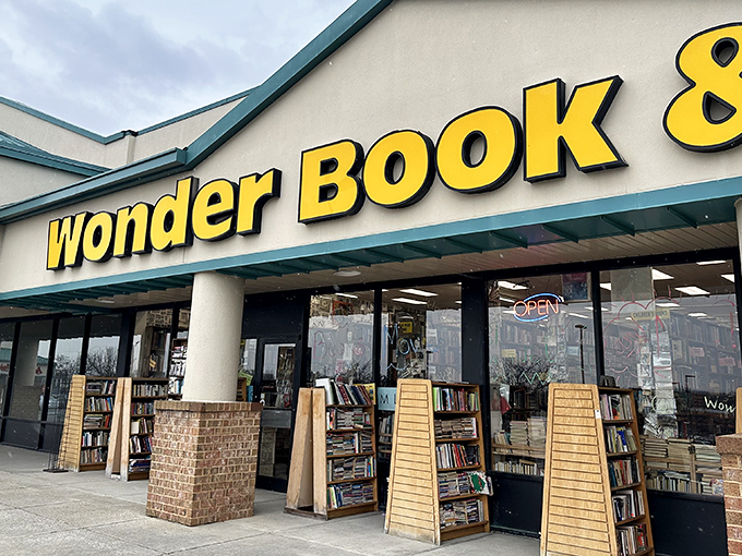 The bright yellow sign of Wonder Book beckons like a literary lighthouse, promising treasures within for the curious and book-hungry.