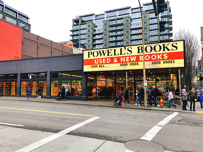 The iconic yellow and red sign beckons bibliophiles like a literary lighthouse. "Good Will. Good Cheer. Good Books." Truer words were never displayed.