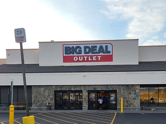 The unassuming exterior of Big Deal Outlet stands like a temple to thriftiness under Idaho's endless blue sky. Retail paradise awaits inside.