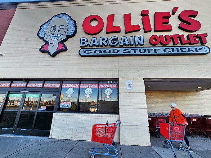 The iconic Ollie's storefront with its cartoon mascot promises what Michigan bargain hunters crave most: "Good Stuff Cheap" without the retail markup drama.