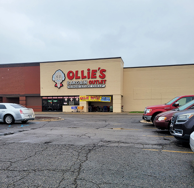 The iconic Ollie's storefront with its cartoon mascot promises what Michigan bargain hunters crave most: "Good Stuff Cheap" without the retail markup drama.