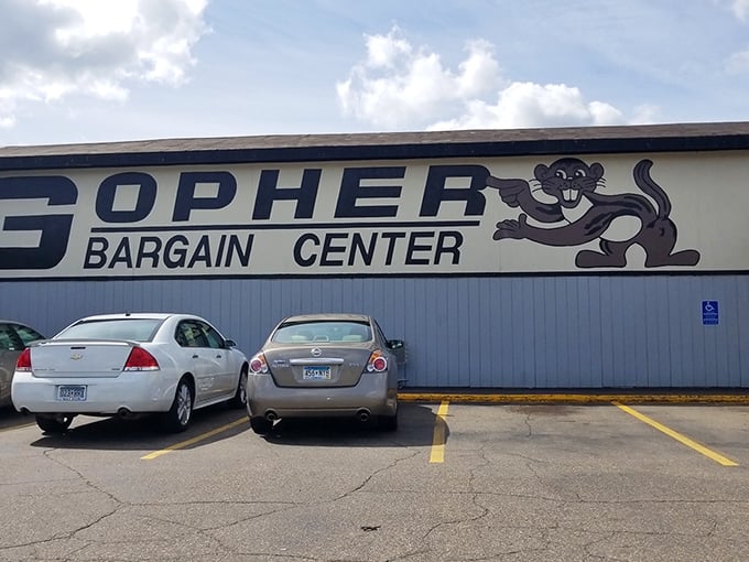 That cheerful gopher mascot on the building exterior promises adventures in bargain hunting await inside.