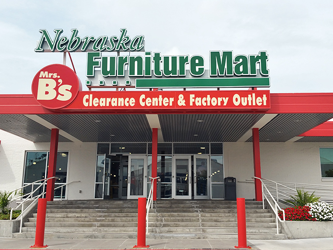 The iconic red and green sign of Mrs. B's stands like a beacon of hope for bargain hunters across Nebraska.