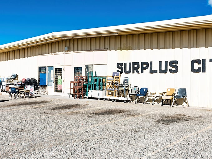 The unassuming exterior of Surplus City belies the wonderland within. Like a desert mirage, treasures await behind these beige walls.