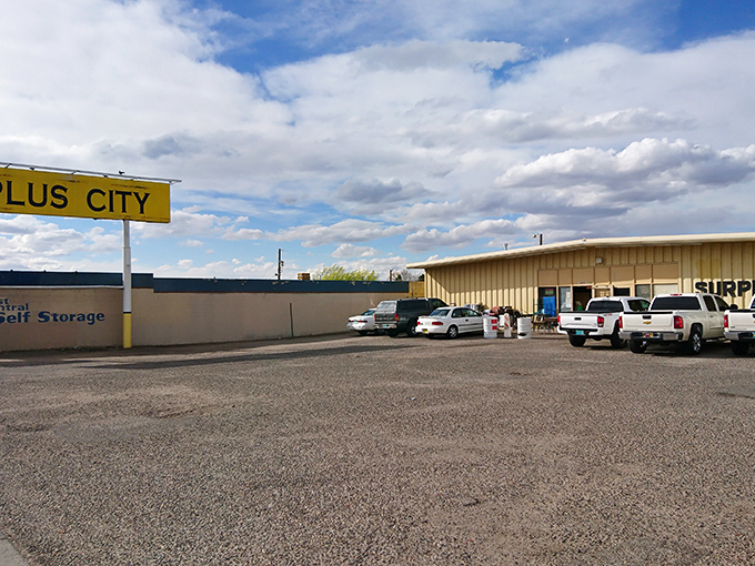 The unassuming exterior of Surplus City belies the wonderland within. Like a desert mirage, treasures await behind these beige walls.
