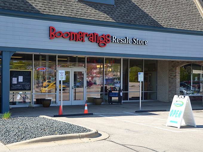The Tudor-style exterior of Boomerangs beckons with its distinctive blue trim and red signage&mdash;a portal to bargain-hunting adventures within.