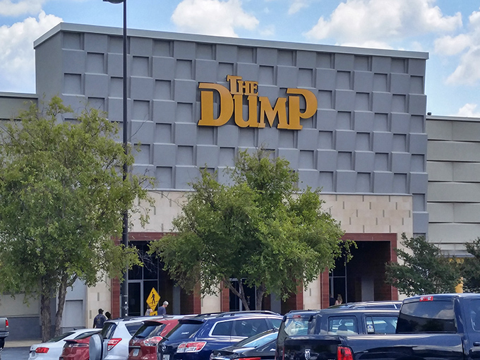 The iconic gray facade with bold yellow lettering announces you've arrived at furniture paradise, not an actual waste disposal site.