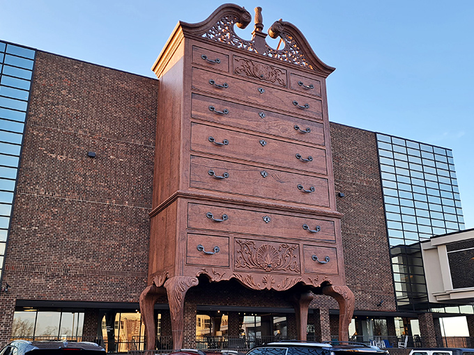 The world's largest highboy dresser isn't compensating for anything &ndash; it's actually Furnitureland South's iconic headquarters in Jamestown, NC.