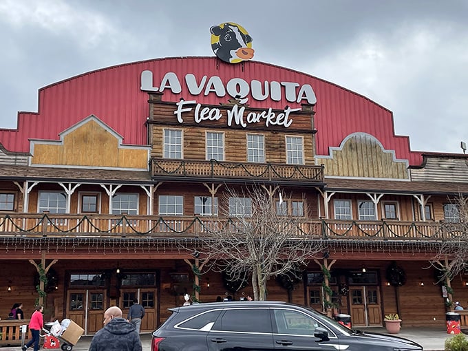Like a Western film set with a bovine twist, La Vaquita's striking red facade welcomes treasure hunters with rustic charm and the promise of discoveries waiting inside.