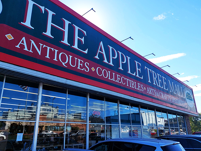 The iconic red and green sign of The Apple Tree Mall beckons treasure hunters, promising a wonderland of collectibles just waiting to be discovered.