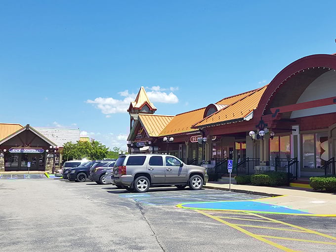 The distinctive copper-colored roofs and charming architectural details welcome shoppers to this Lake of the Ozarks retail paradise.