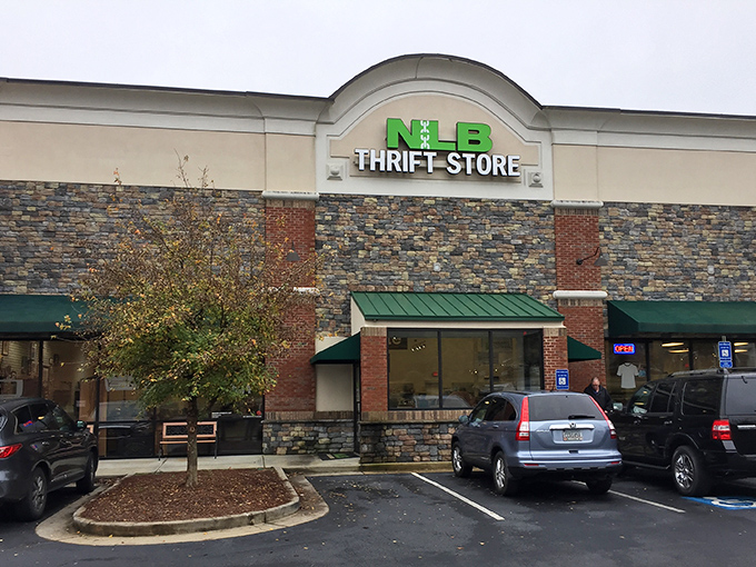 The stone and brick exterior of NLB Thrift Store in Woodstock gives off more upscale boutique vibes than typical secondhand shop. Treasure hunting begins here! 