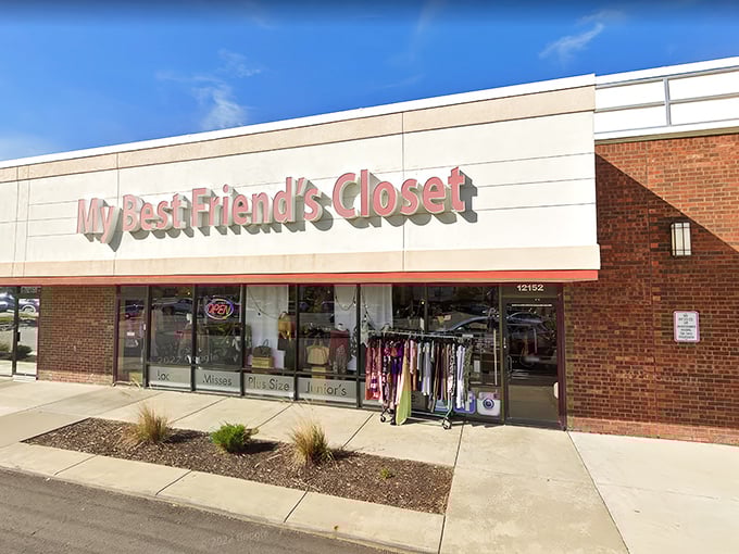 The bright red signage of My Best Friend's Closet beckons like a lighthouse for bargain hunters navigating the sea of retail options in Shawnee.