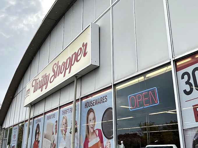 The curved roof of Thrifty Shopper stands like a cathedral of secondhand treasures, promising retail adventures that won't break the bank.