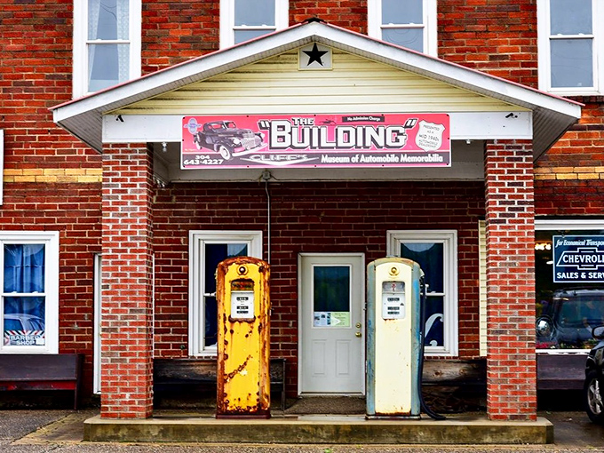 The brick facade of "The Building" with its vintage gas pumps standing guard feels like a time portal to America's automotive golden age.