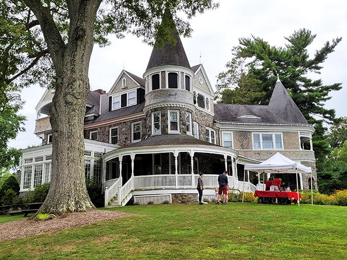 The Marshall mansion stands like a Victorian dream, its turrets and wraparound porch inviting you to step back into a more elegant era.
