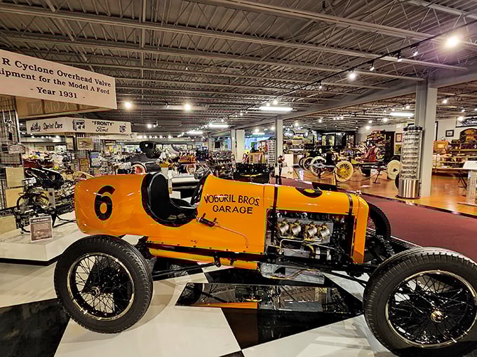 The Museum of American Speed houses an astonishing collection of vintage race cars, including this vibrant orange Vanderbilt Bros Garage racer that practically begs you to hop in and take off.