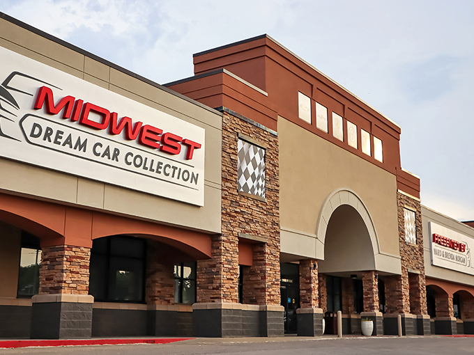 The unassuming storefront of Midwest Dream Car Collection proves that in Kansas, extraordinary treasures often hide behind ordinary facades.