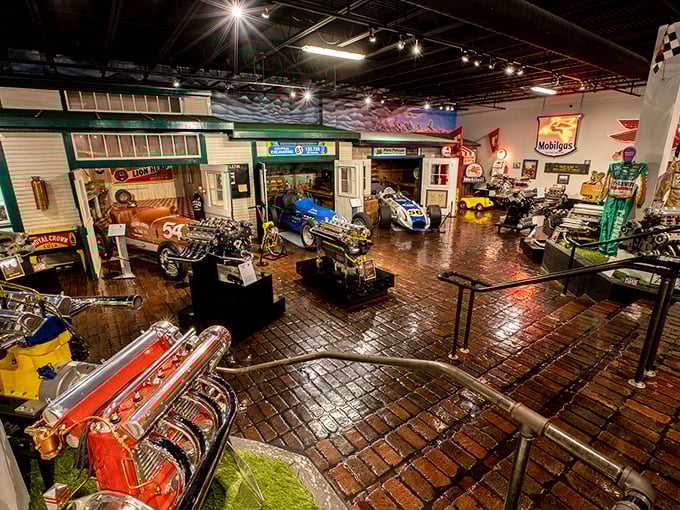 The Museum of American Speed houses an astonishing collection of vintage race cars, including this vibrant orange Vanderbilt Bros Garage racer that practically begs you to hop in and take off.